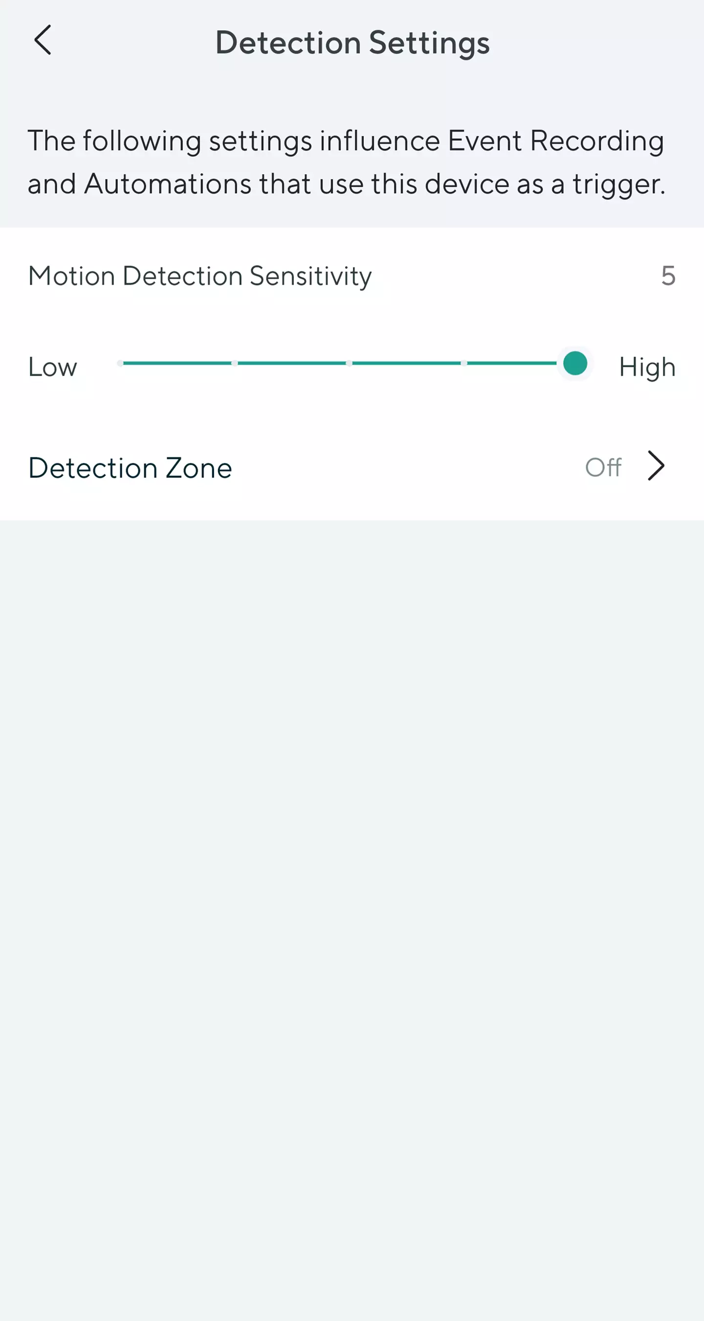 A aplicación Wyze mostra a miña sensibilidade de detección.