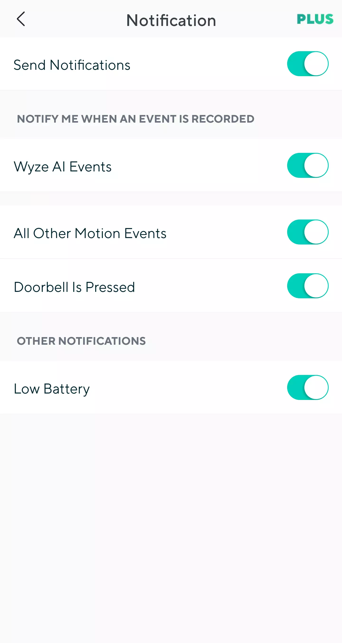 A aplicación Wyze mostra as miñas preferencias de notificación.