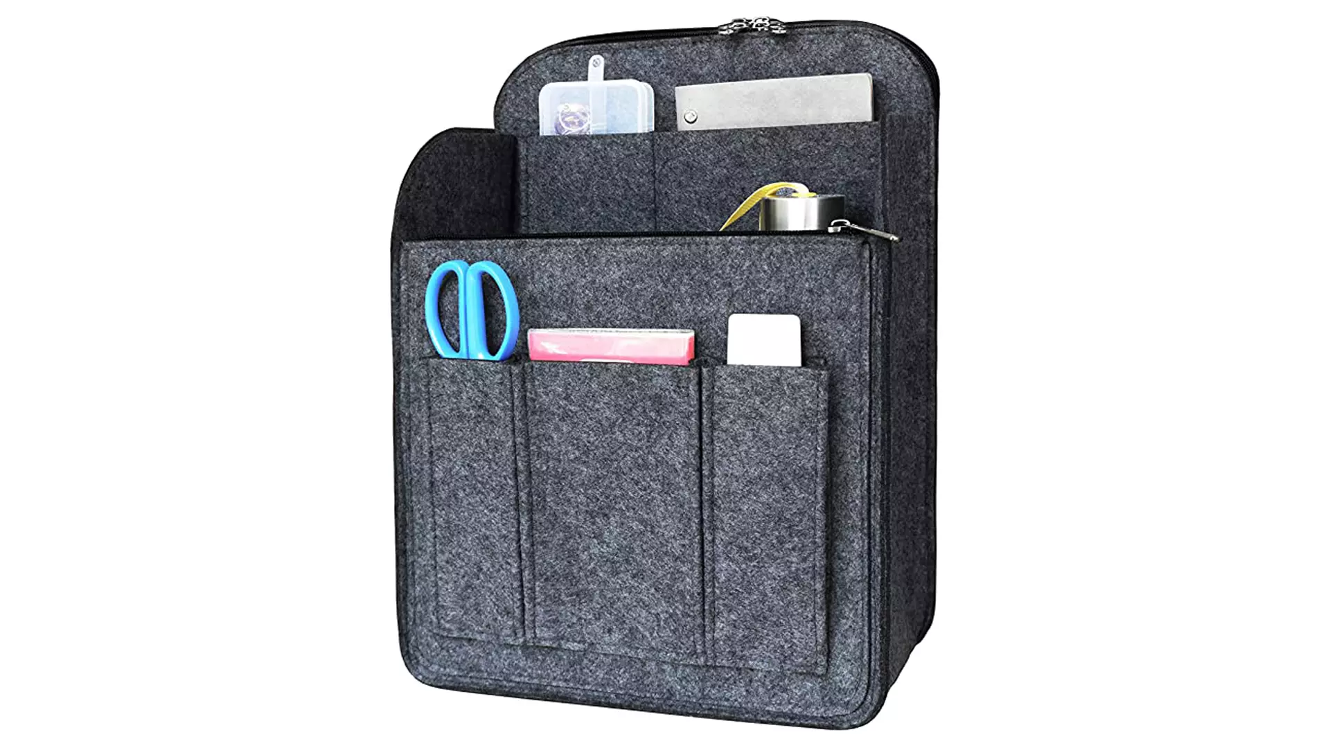 Sisipan tas ransel APSONSELL berwarna abu-abu, dengan aksesori di saku