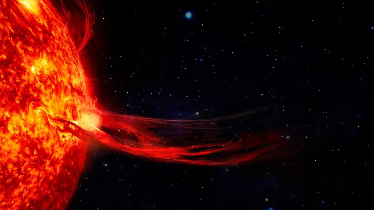 Proéminence solaire, éruption solaire et orages magnétiques. Flash plasma à la surface d'une étoile. Éléments de cette image fournis par la NASA.