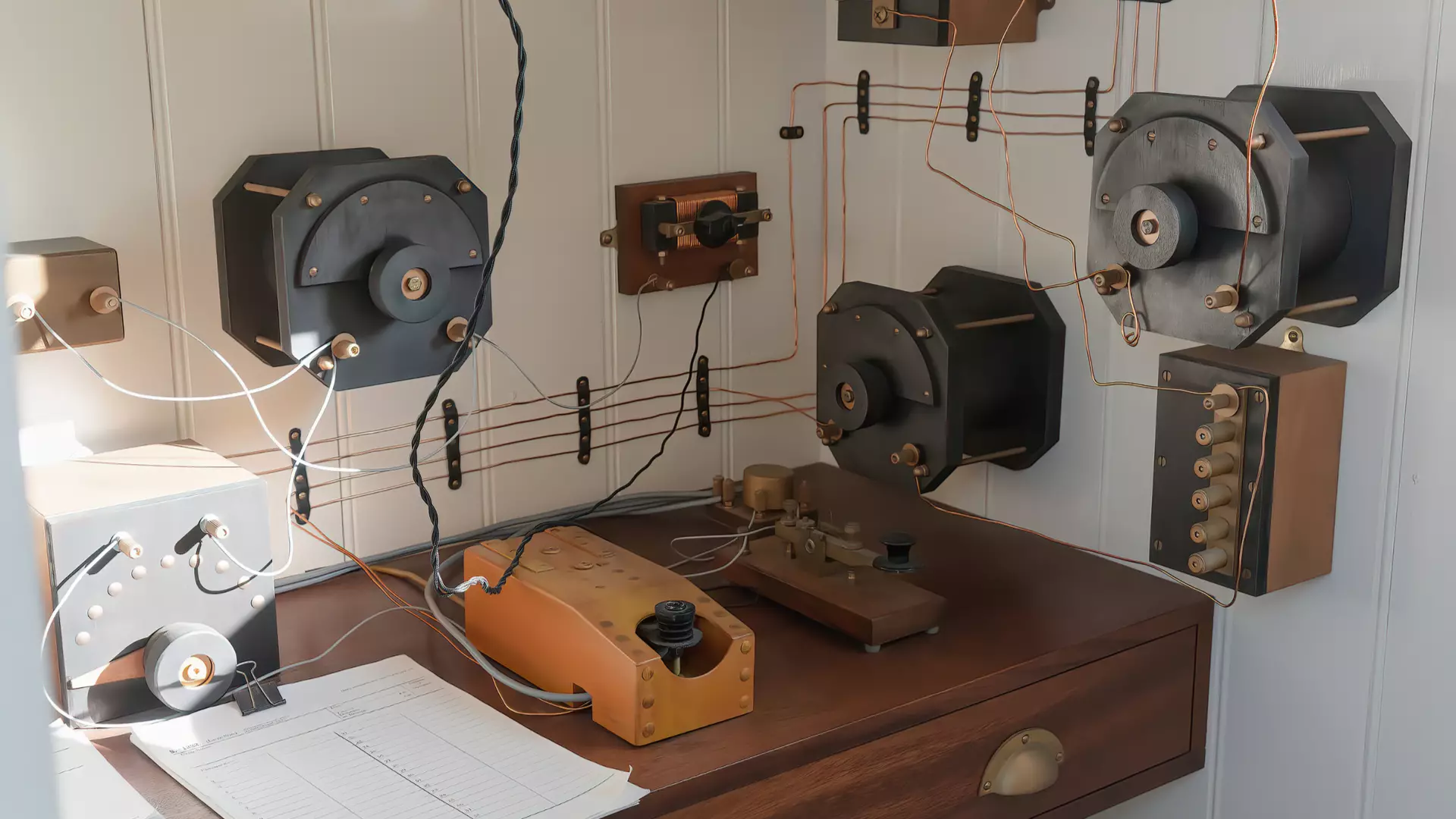 Morse vechi de epocă cu telegraf cu cheie morse pe biroul vechi în nava de război HMS M33 Royal Navy din Primul Război Mondial, prezentată la Muzeul istoric Dockyard Portsmouth, Marea Britanie.