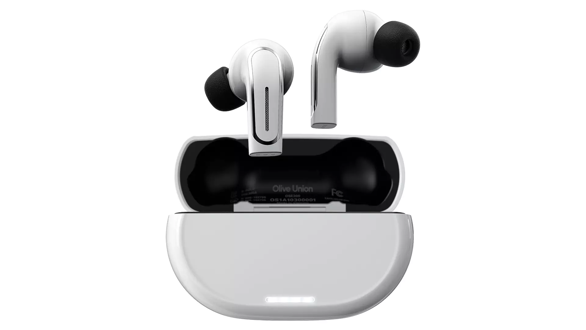 Los auriculares Olive Union Pro en blanco, ligeramente levantados de su estuche.