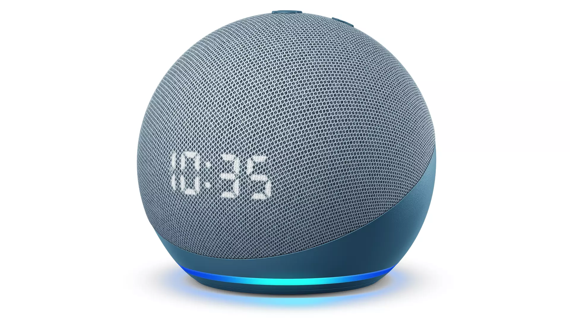Интелигентният високоговорител Amazon Echo свети в синя светлина.