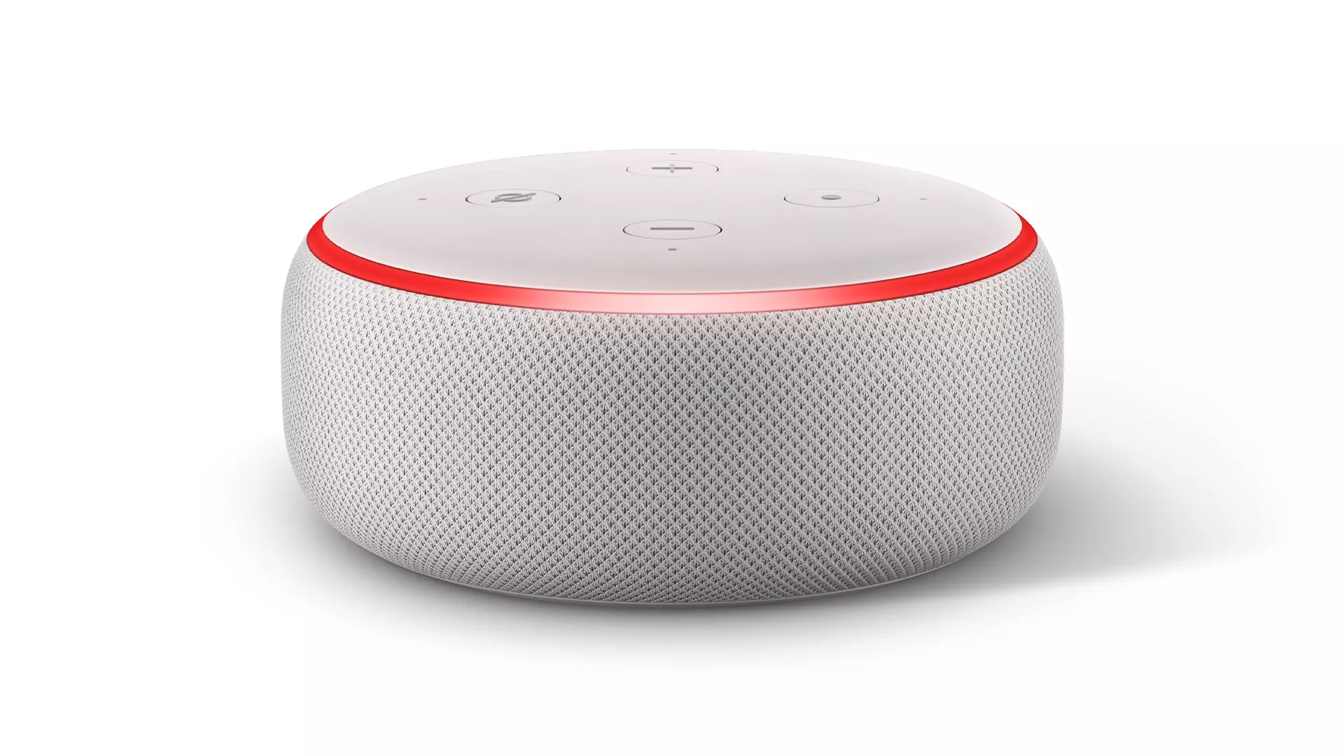 Le haut-parleur intelligent Amazon Echo Dot brille d'une lumière rouge.