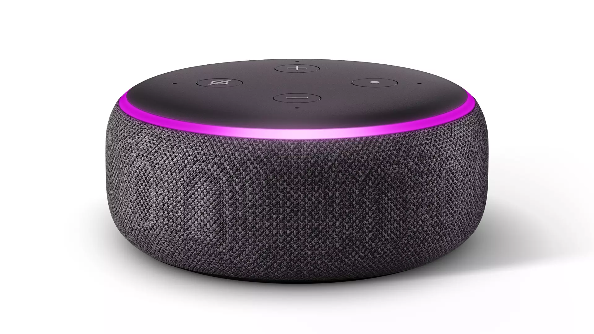 Le haut-parleur intelligent Amazon Echo Dot brille d'une lumière violette.