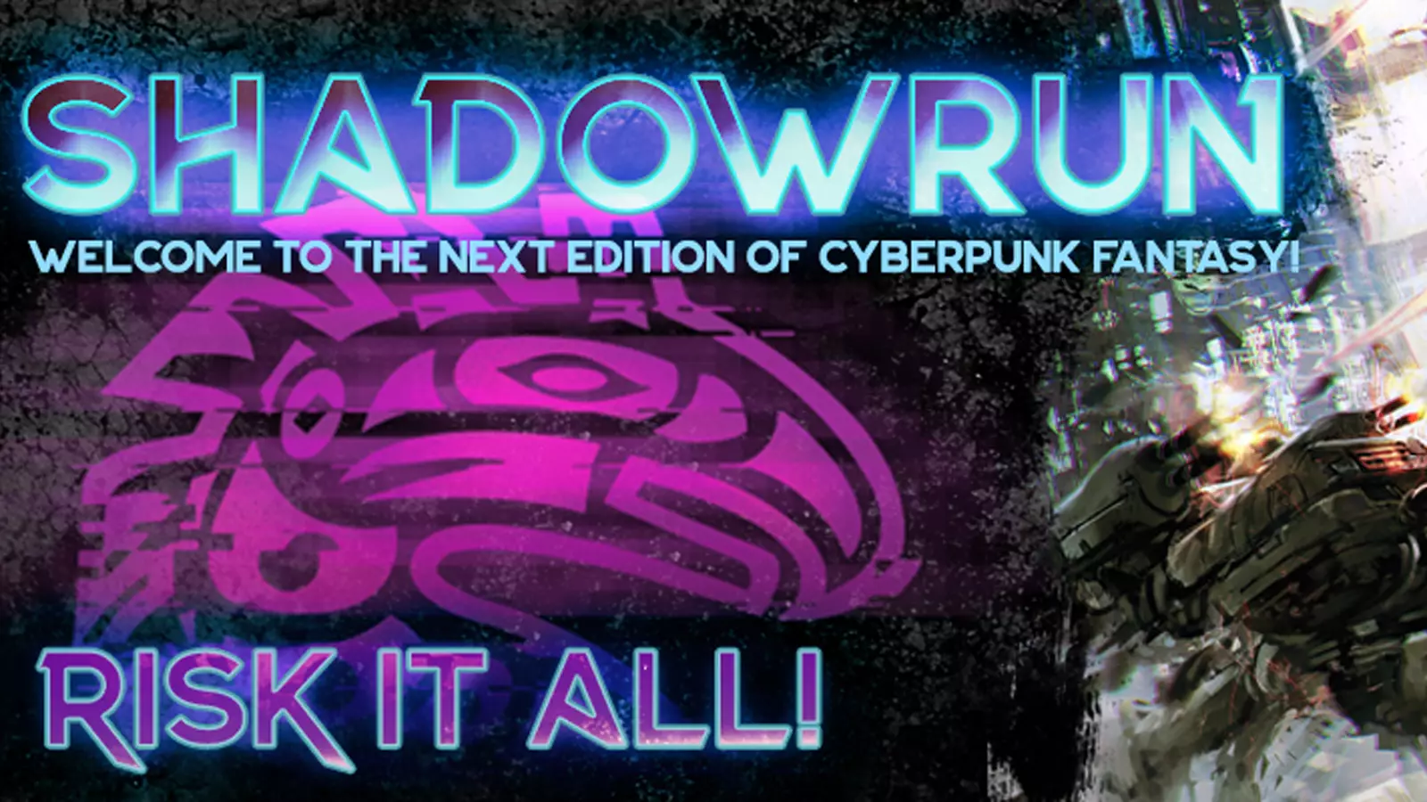 Shadowrun-ciberpunka stila arto kun neonaj lumoj sur malhela fono