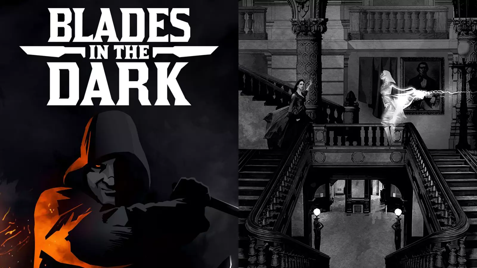 Blades in the Dark ゲーム アートの仮面をかぶった男と階段で戦うキャラクター