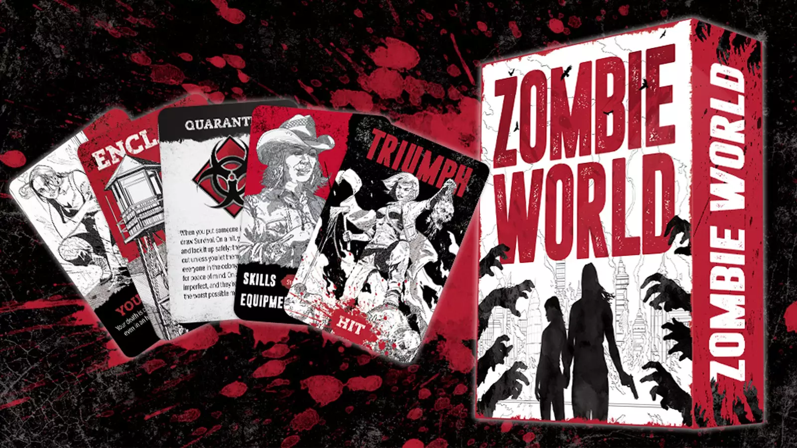 Pudełko z grą Zombie World i widok z góry na niektóre z dołączonych kart