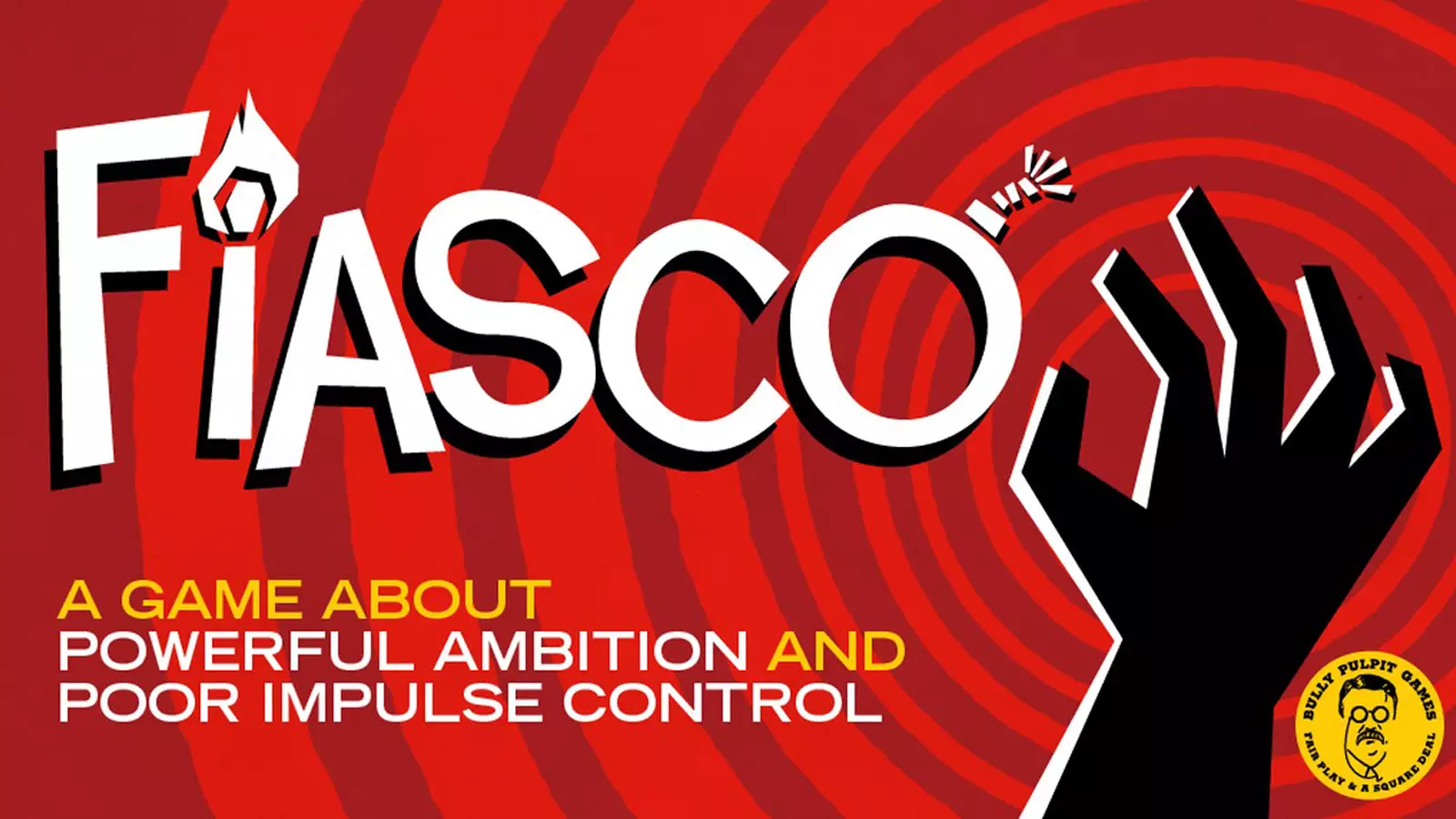 나선형 빨간색 배경에 성냥, 폭탄, 그림자가 있는 손이 있는 Fiasco 게임 로고