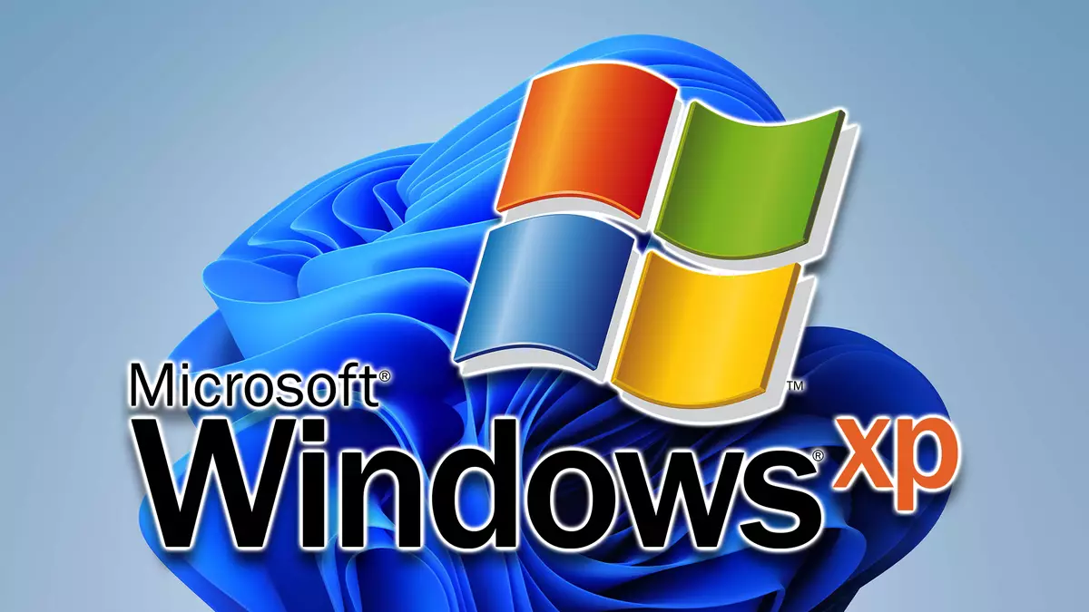 Logo Windows XP ing latar mburi standar Windows 11.