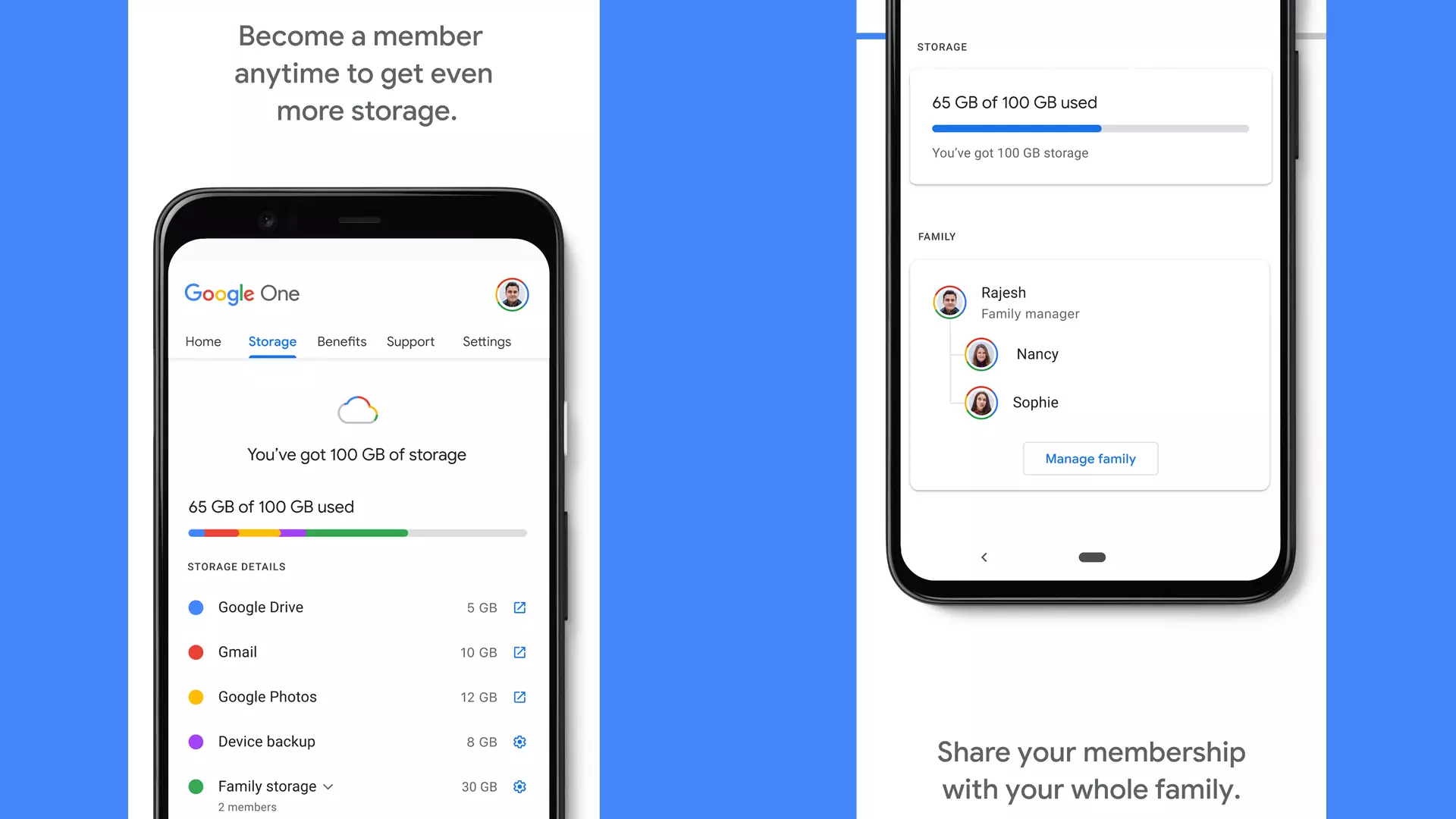 Apl mudah alih Google One, menunjukkan pilihan untuk storan keluarga