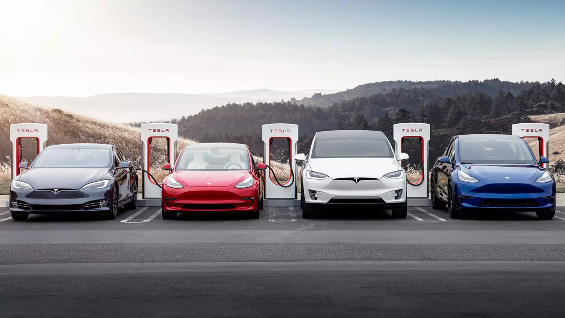 Alle hjoeddeistige Tesla-modellen opsteld