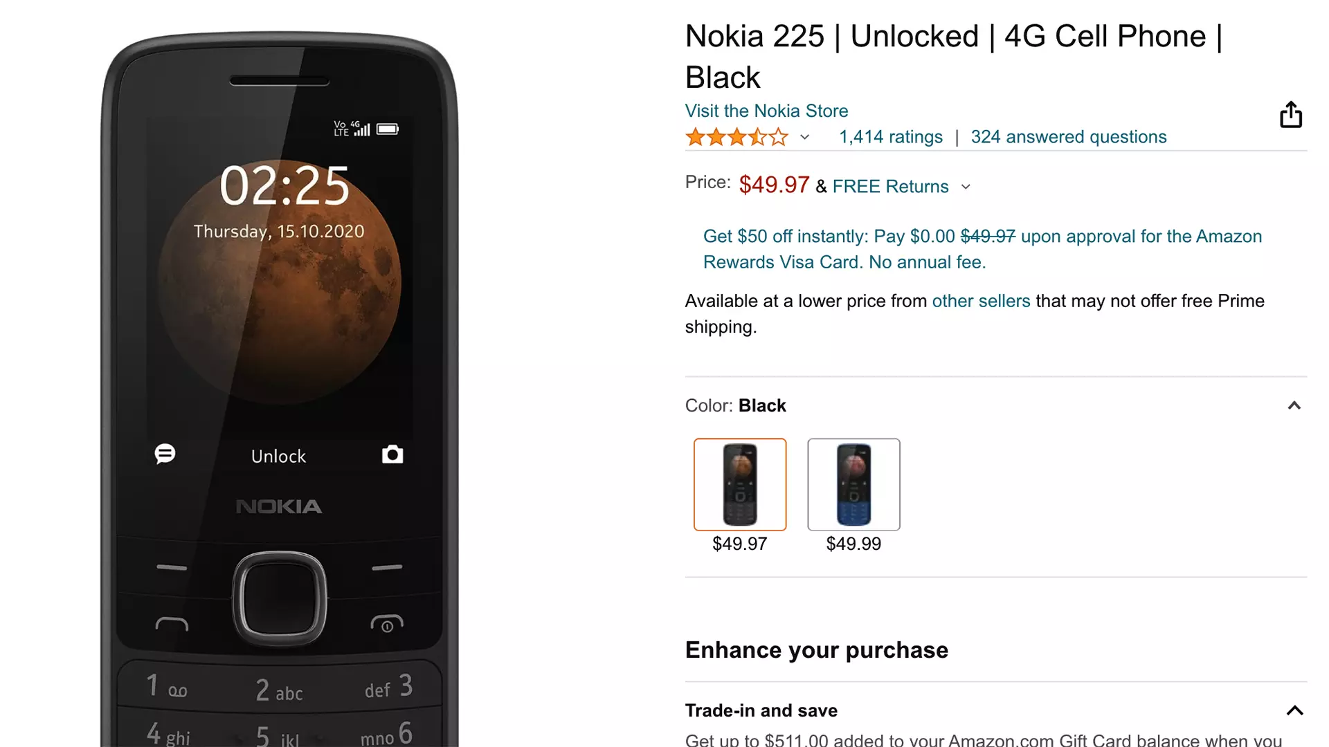 Листинг Amazon для Nokia 225, который стоит всего 50 долларов.
