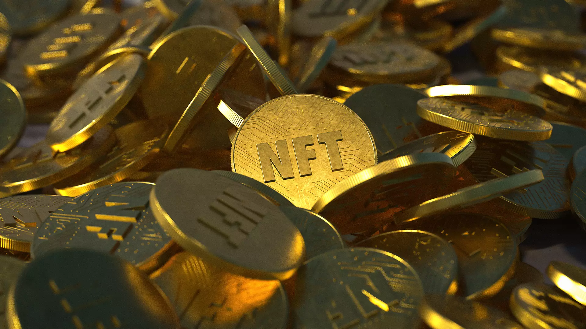 NFT iliustruoti kaip auksinių monetų krūva.
