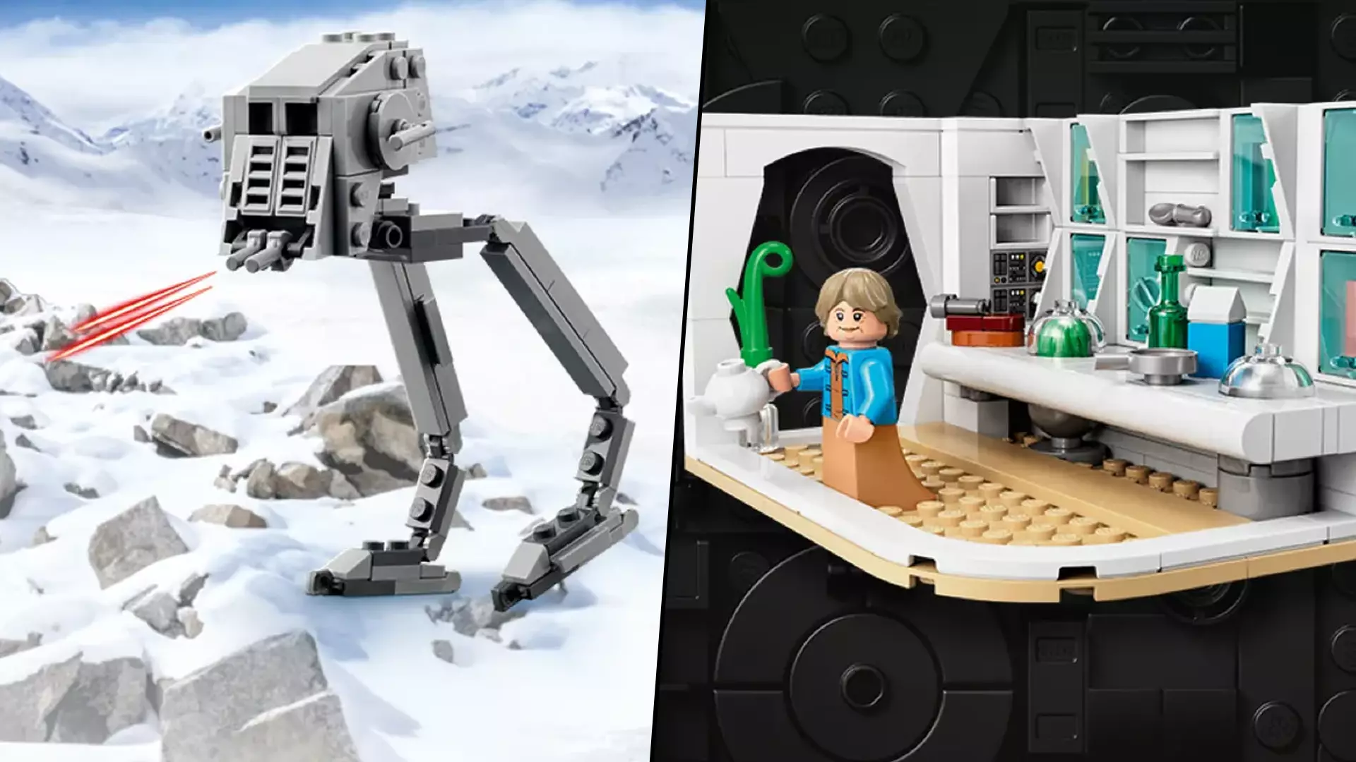Набір LEGO AT-ST (ліворуч) і набір LEGO Lars Family Homestead Kitchen (праворуч)