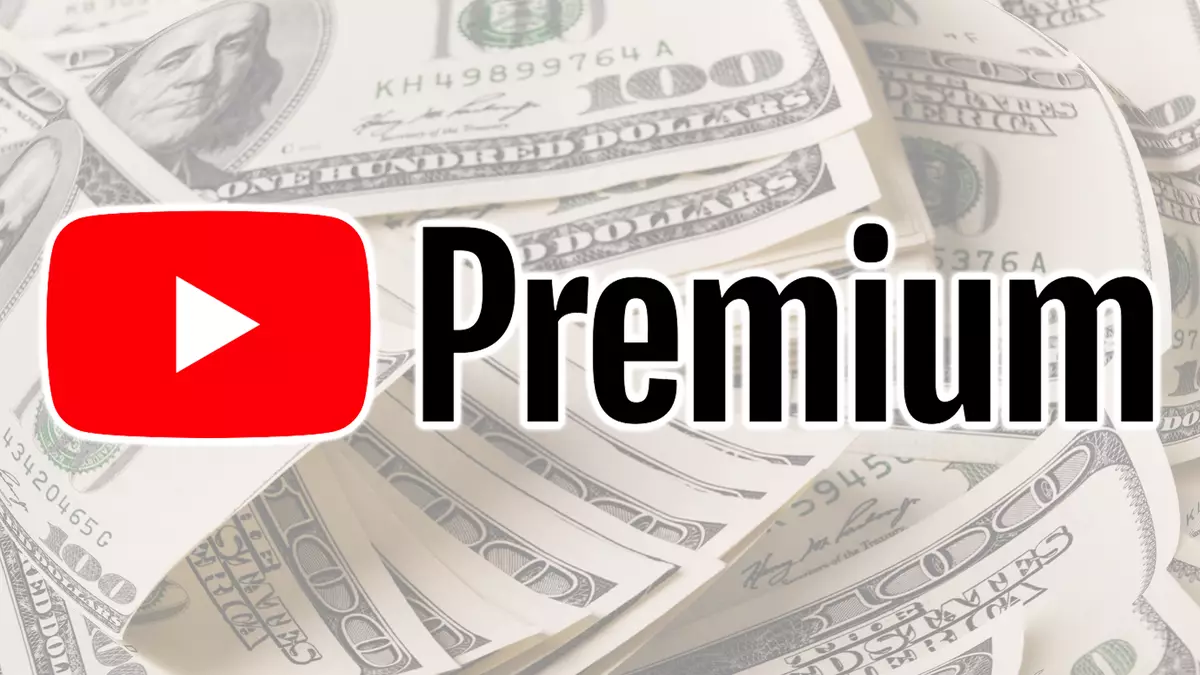 Logo YouTube Premium di atas timbunan wang.