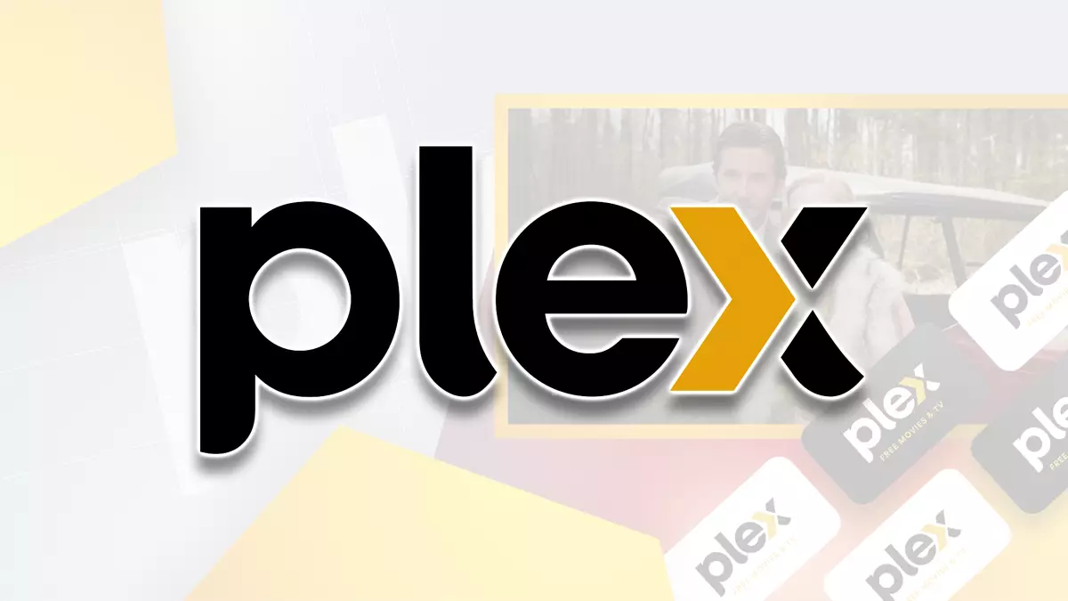 Logo Plex di atas latar belakang berwarna-warni.