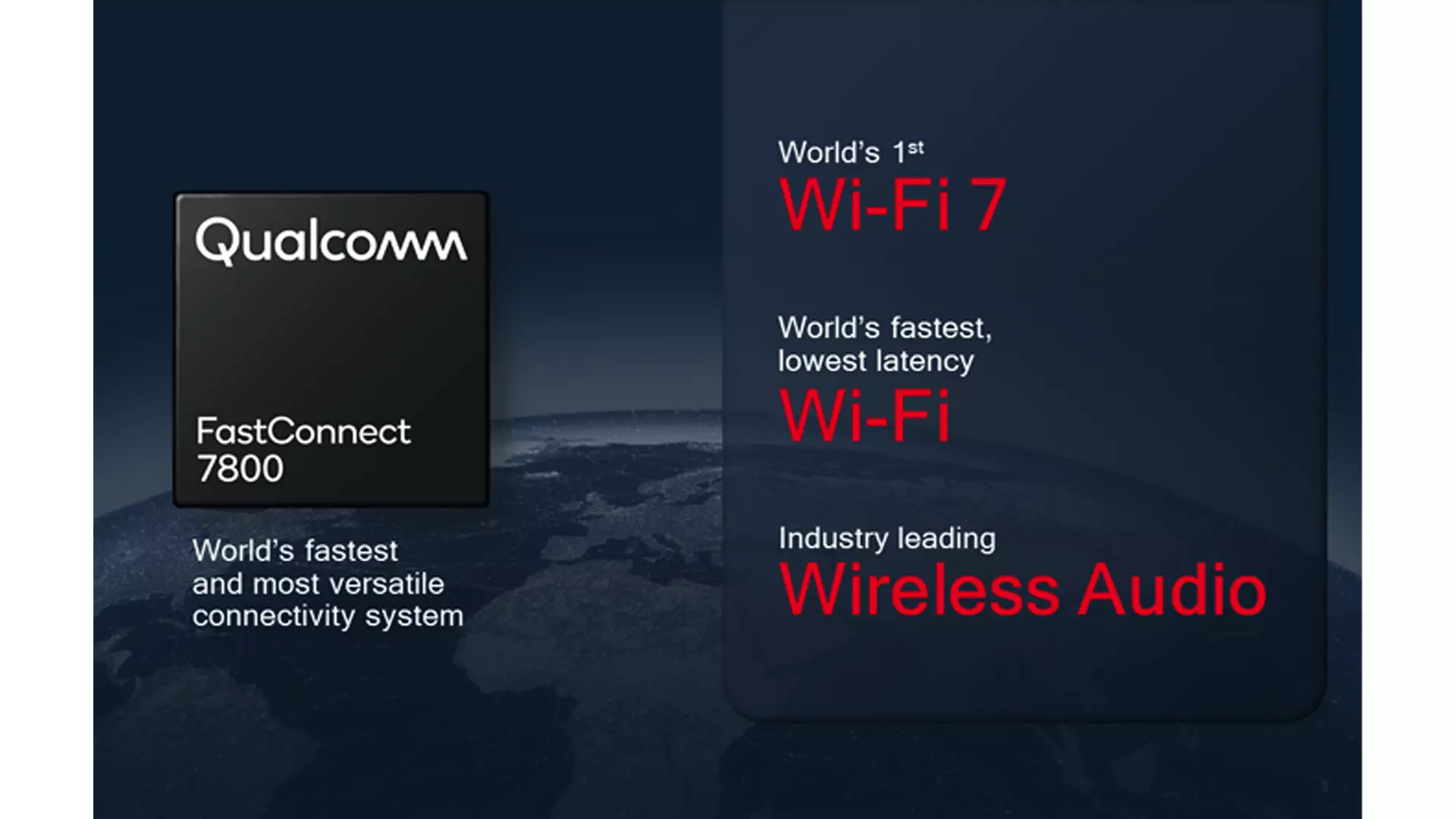 Grafikon koji objašnjava mogućnosti platforme Qualcomm Fastconnect 7800, uključujući Wi-Fi 7 i Bluetooth sa malim kašnjenjem.