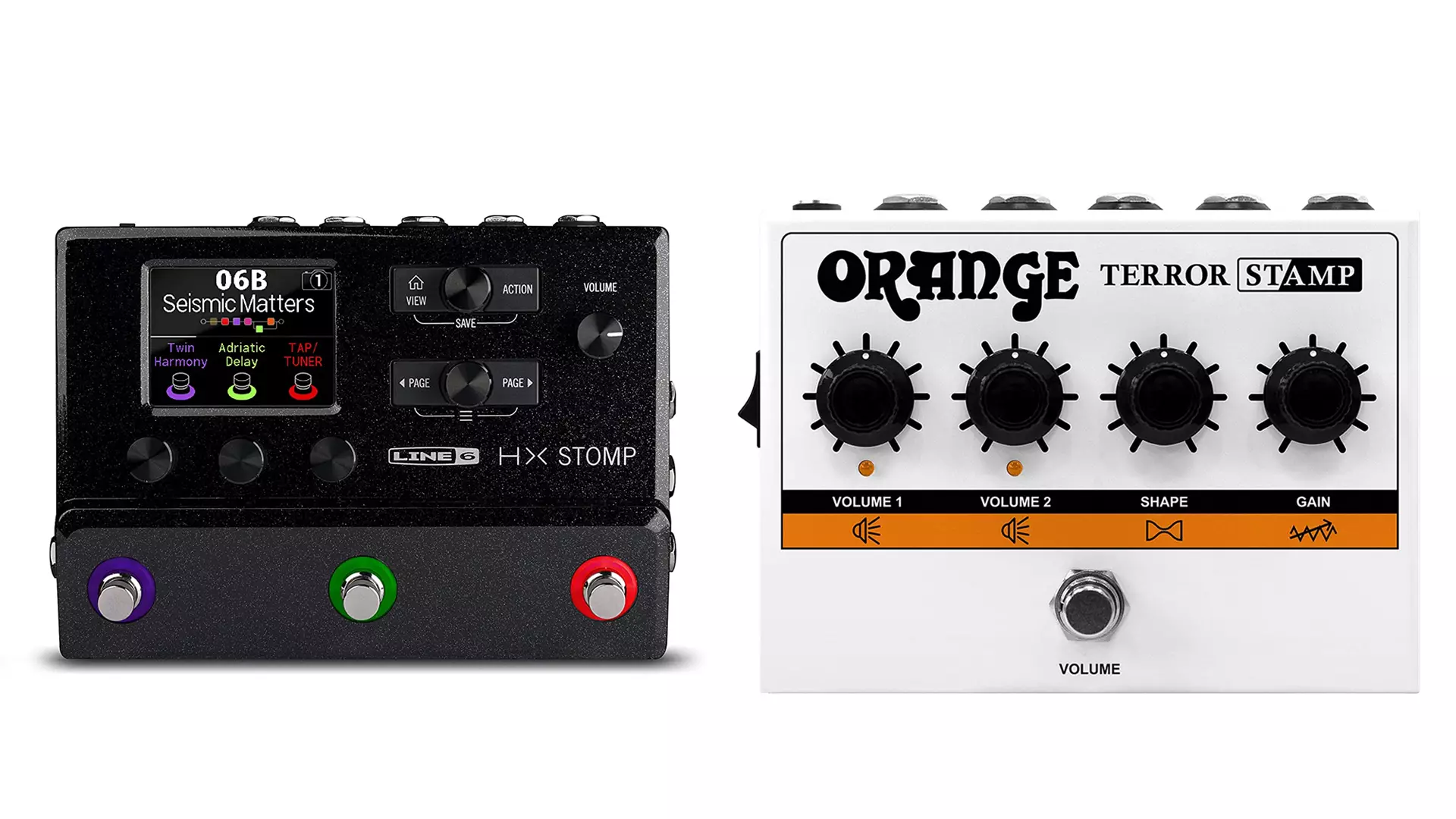 Foto pedal gitar Line 6 Helix dan Orange Terror.