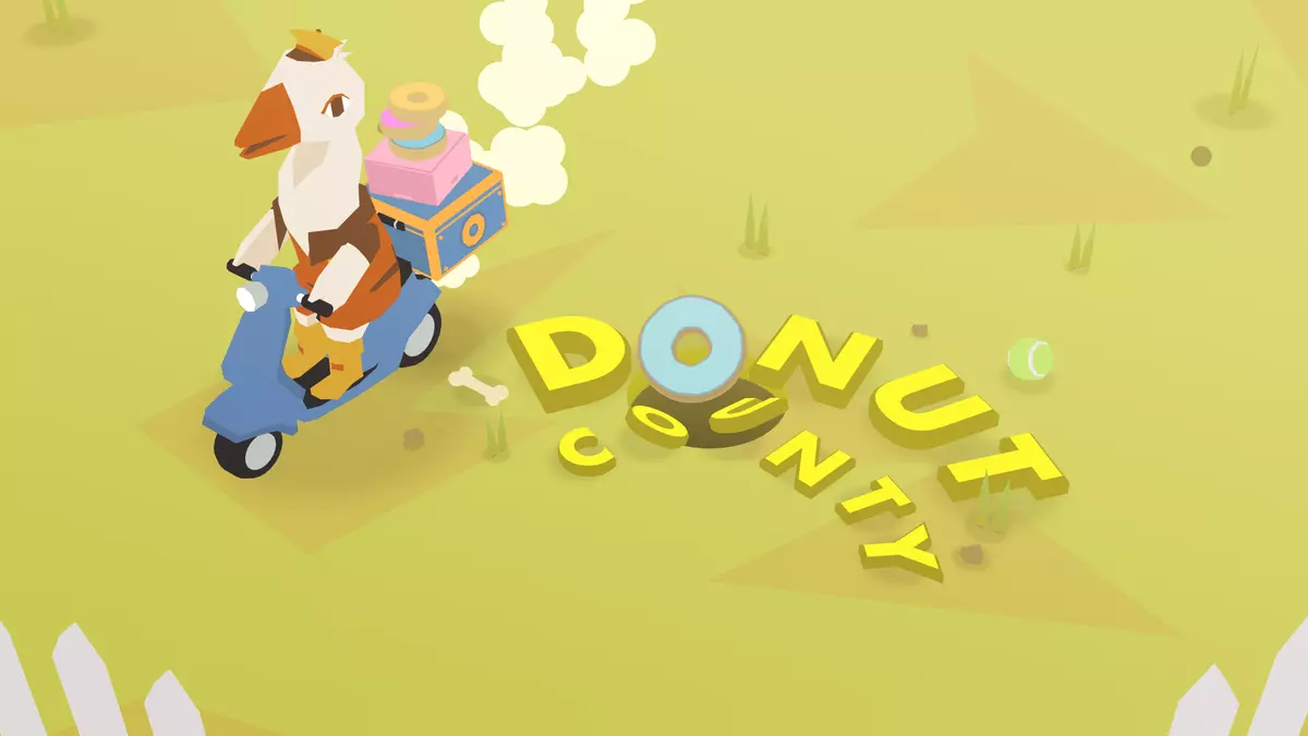 Postać z „Donut County” jadąca skuterem po trawniku obok logo Donut County