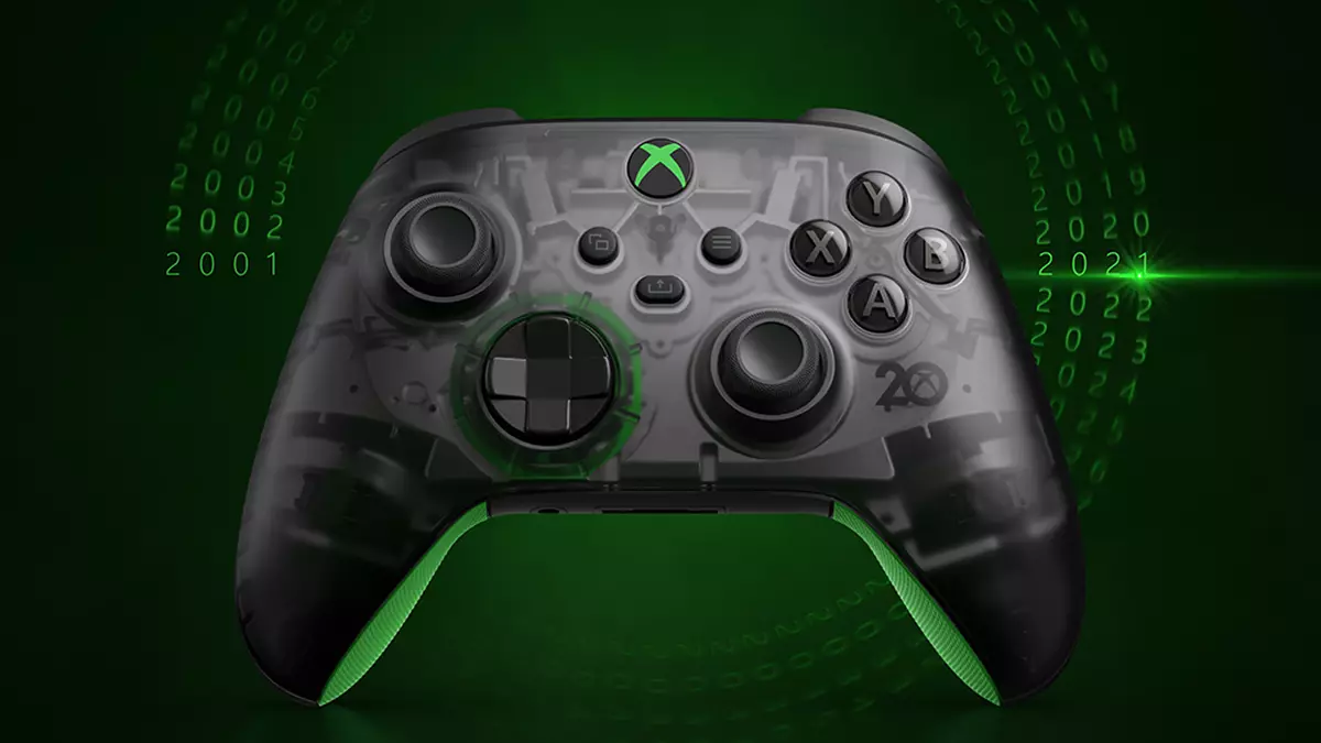 Die 20th Anniversary Special Edition Xbox Wireless Controller teen 'n groen en swart agtergrond met elk van die afgelope 20 jaar wat in 'n sirkel geskryf is.