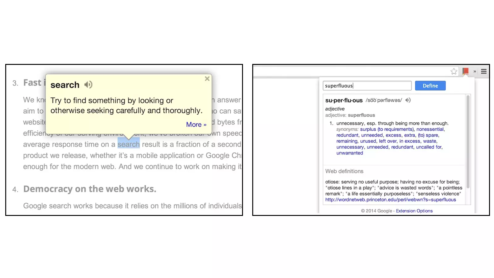 Google-ийн толь бичиг нь тодруулсан үгсийг поп-ап тодорхойлолтын бөмбөлөг болон бүрэн тодорхойлолтын хуудсуудыг харуулж байна