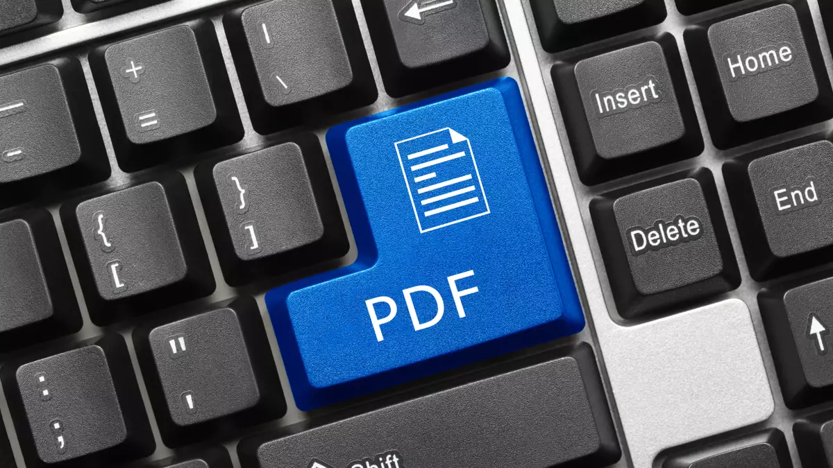 PDF 버튼이 있는 개념적 키보드의 클로즈업 보기