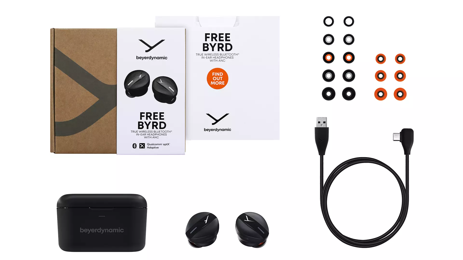 Ang Libreng Byrd earbuds, case, packaging, charging cable, at eartips.