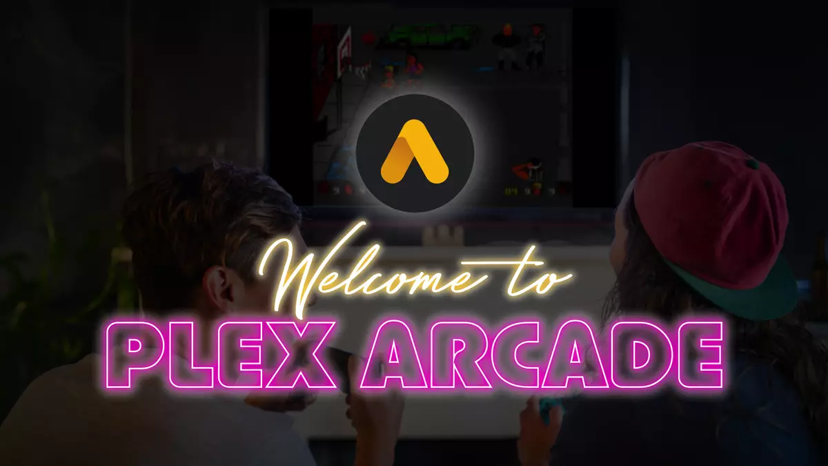 Atari 게임을 하는 두 사람 위에 있는 Plex 아케이드 로고.