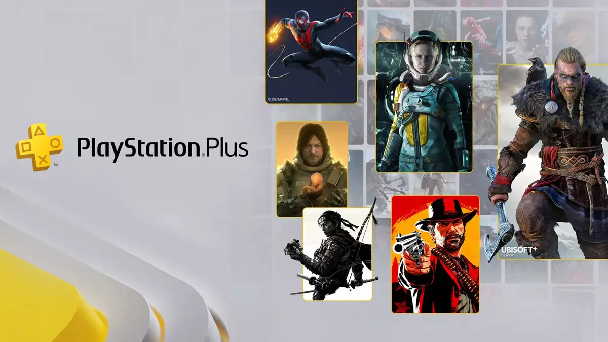 „PlayStation Plus“ logotipas šalia populiarių vaizdo žaidimų nuotraukų