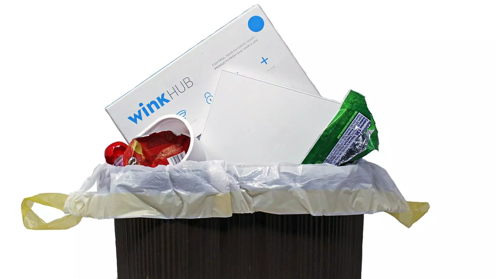 2019年に生産終了したウィンクの商品が詰まったゴミ箱です。