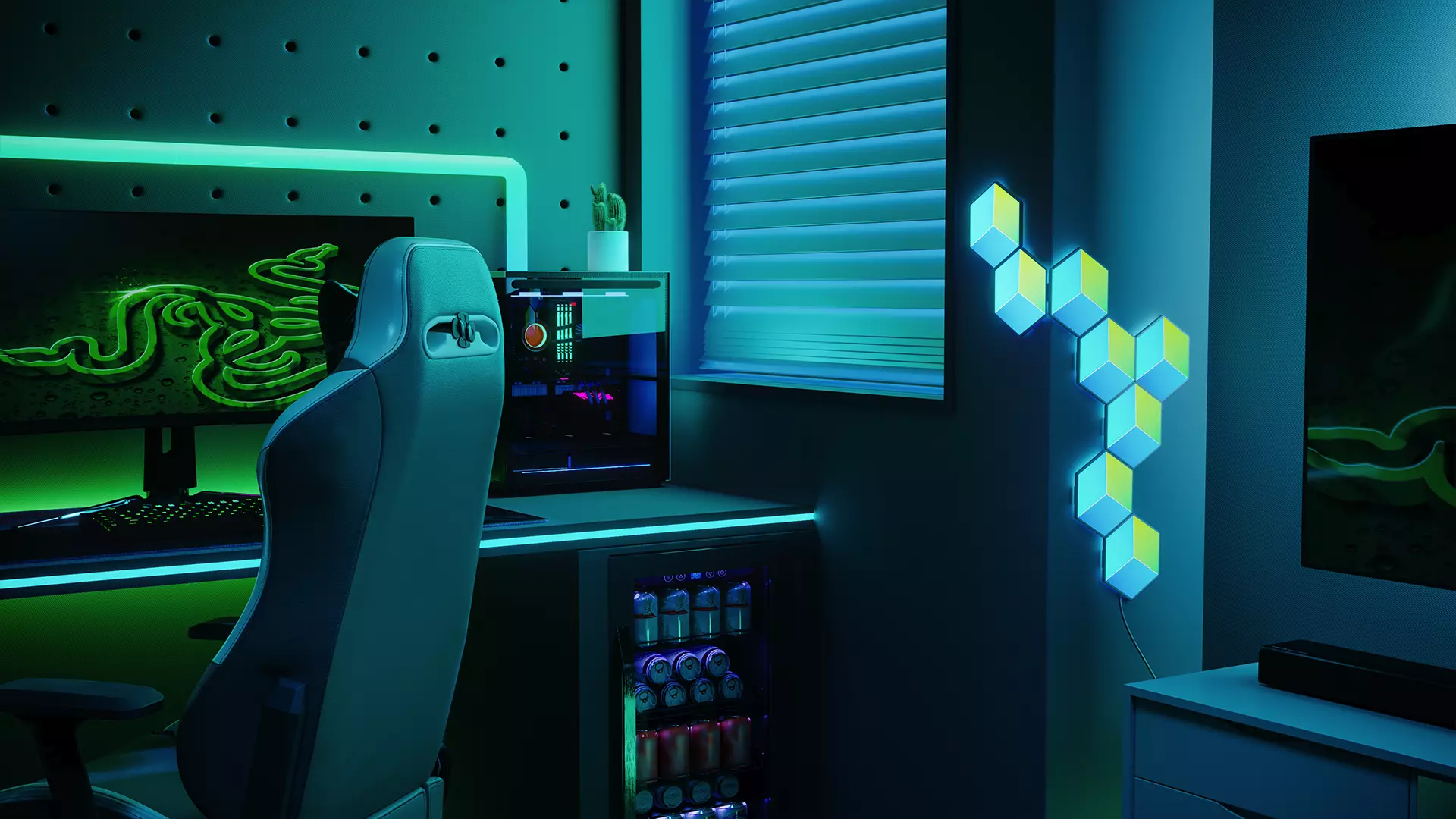 Игровой стол с устройствами Razer и световыми панелями Govee.