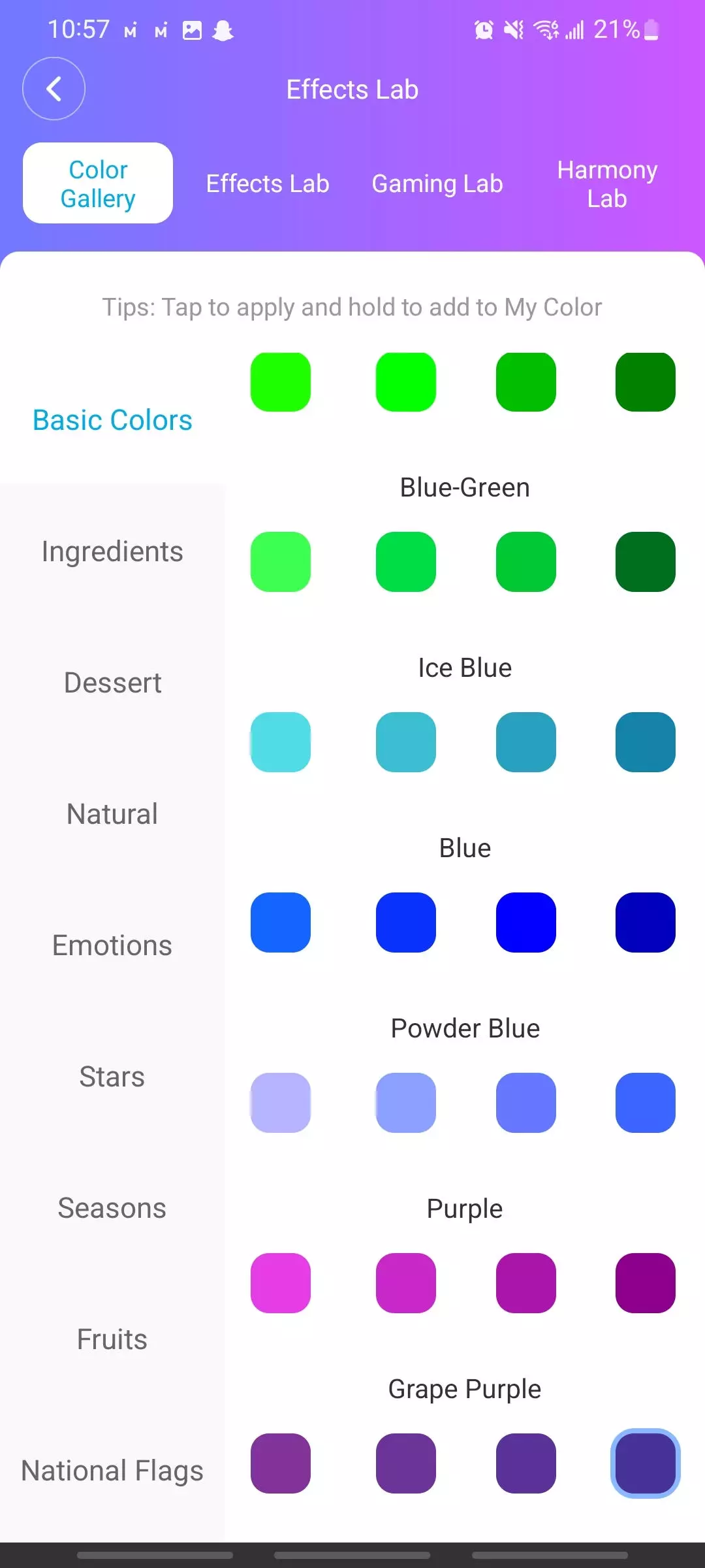 govee home aplikacija laboratorij za efekte s različitim bojama i paletama