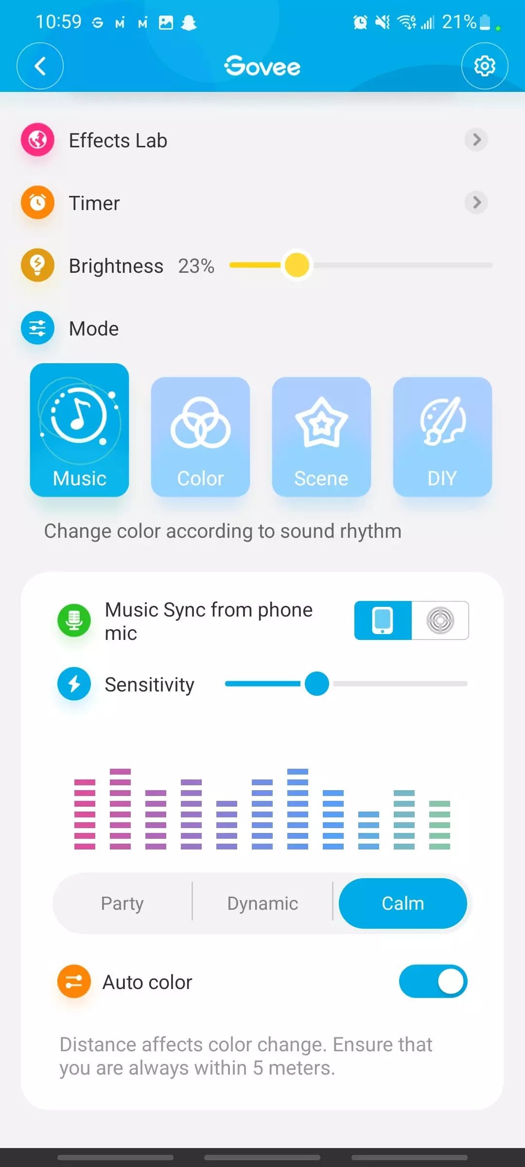 pantalla d'efectes de música de l'aplicació govee home