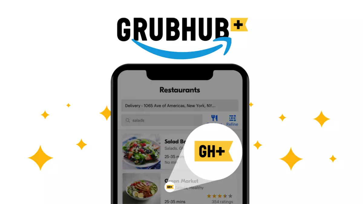 Grubhub+ のロゴと Amazon の Prime ロゴの組み合わせ。