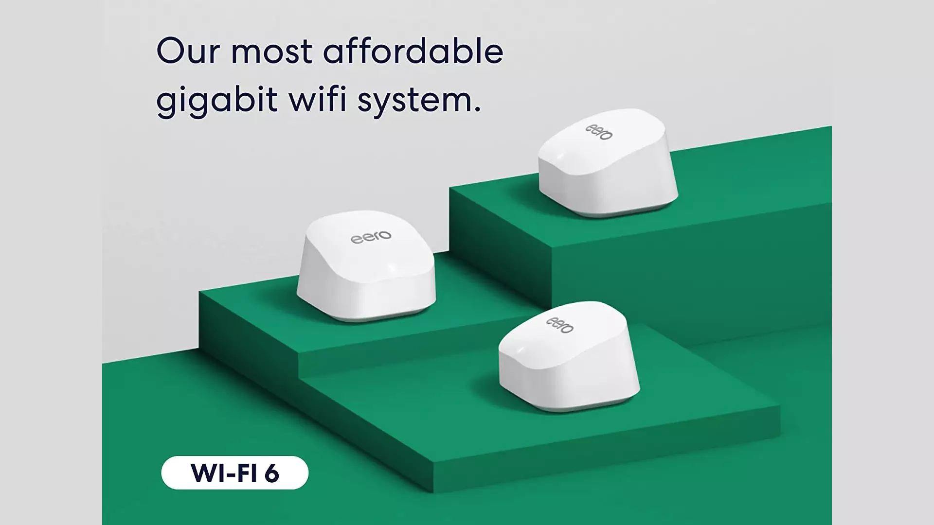 بنری تبلیغاتی Eero 6+ به عنوان مقرون به صرفه ترین سیستم Wi-Fi گیگابیتی آمازون.