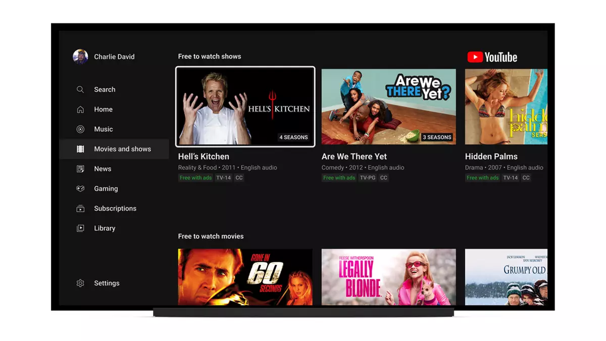 Des dizaines d'émissions et de films gratuits dans l'application YouTube sur un téléviseur intelligent.