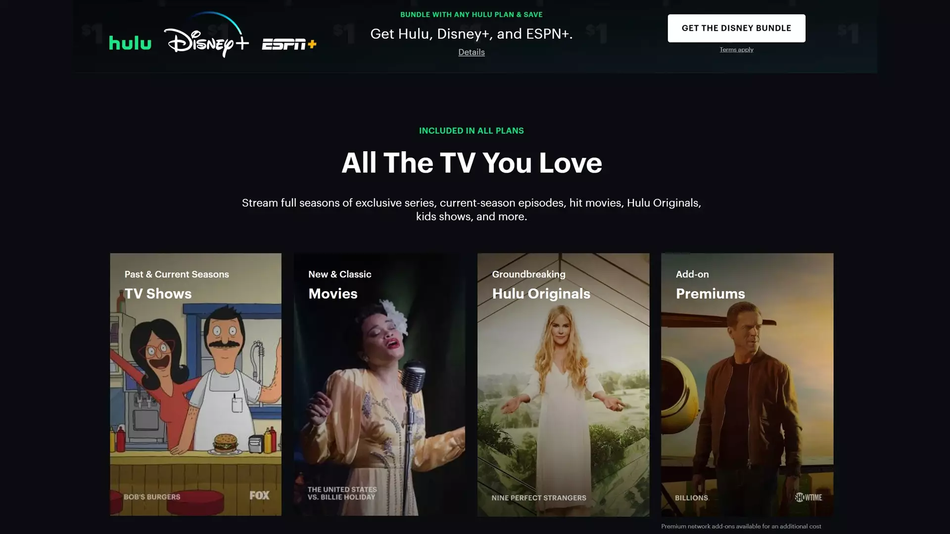 Strona główna Hulu, pokazująca popularne treści i ofertę pakietową
