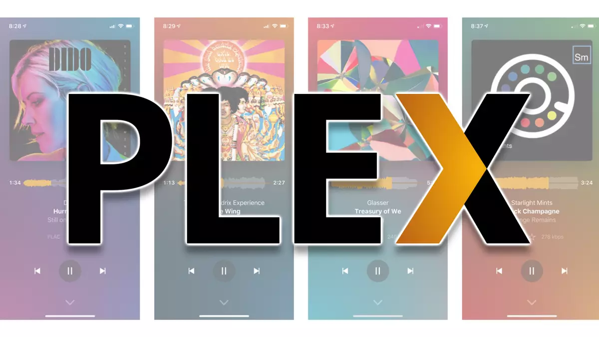 Логото на Plex върху четири изображения на Plexamp.
