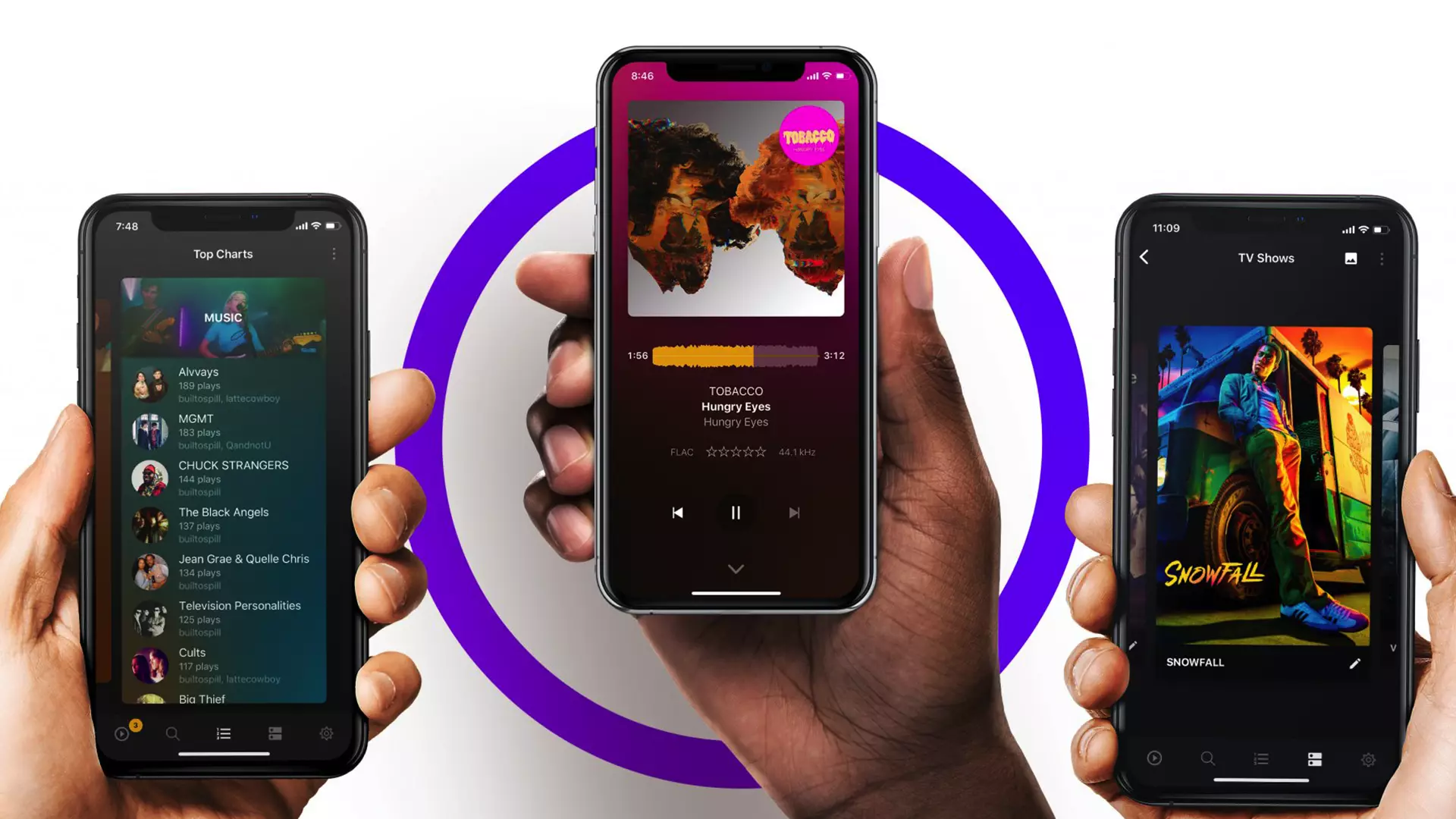 Plex spielt Musik und Videos auf drei Telefonen ab.