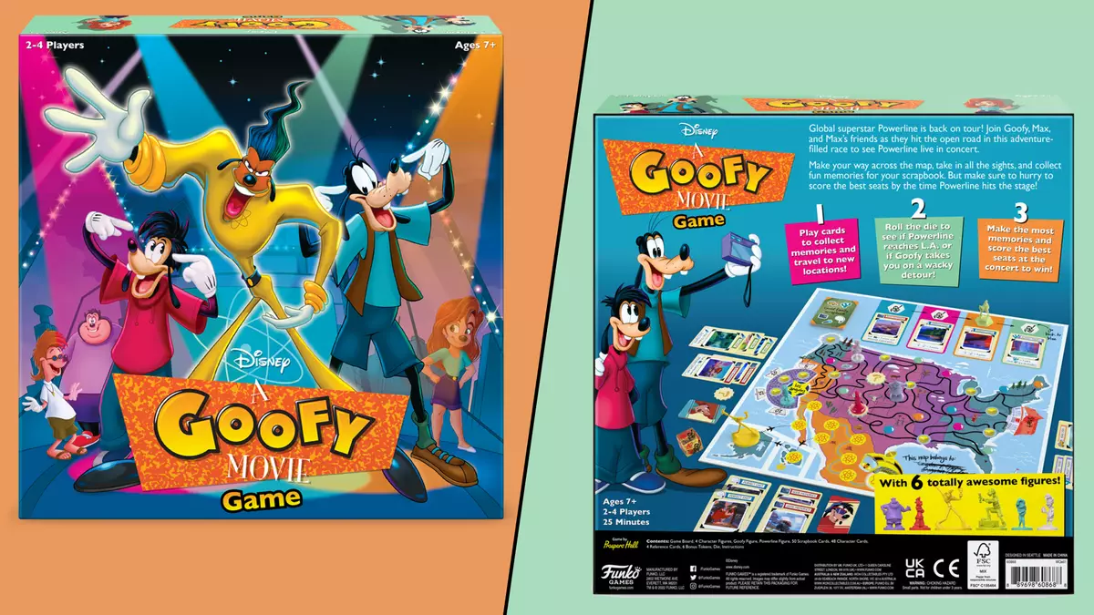 Framan og aftan á 'A Goofy Movie Game' kassanum, með litríkum listum með Goofy, Max og öðrum persónum