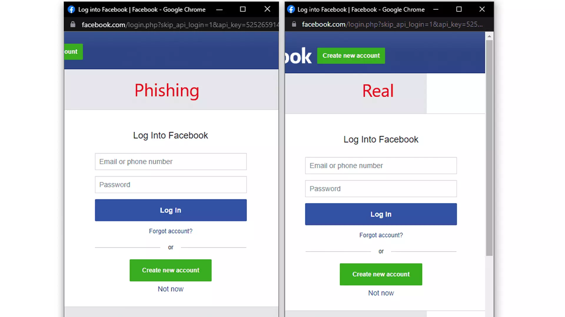 Et ekte Facebook-nettleser-i-nettleser-påloggingsvindu ved siden av et falskt. De ser identiske ut, helt ned til URL-en.