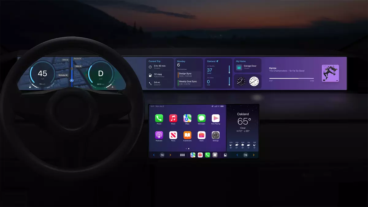 In yllustraasje fan 'e folgjende generaasje CarPlay. Yn prinsipe in auto-dashboard bedekt mei skermen mei apps.