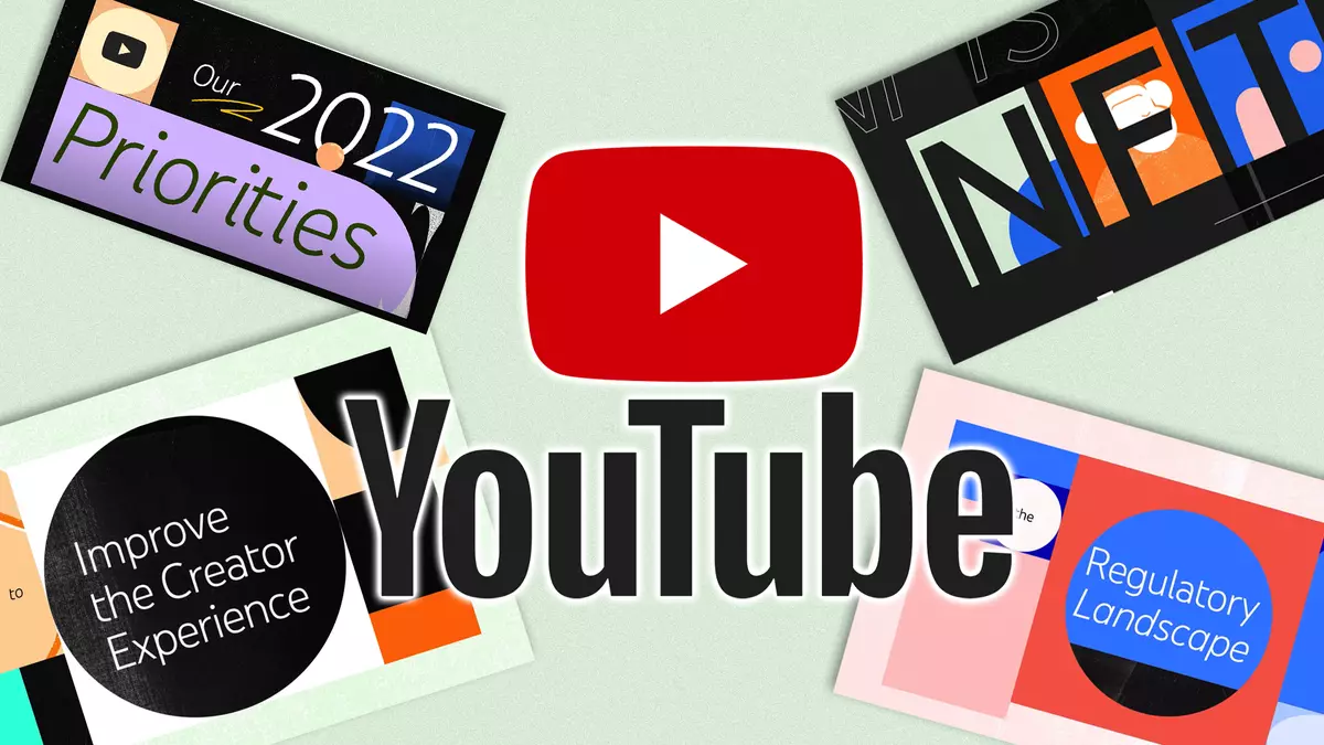 Het YouTube-logo met enkele banners uit de Prioriteitenbrief van het bedrijf voor 2022.