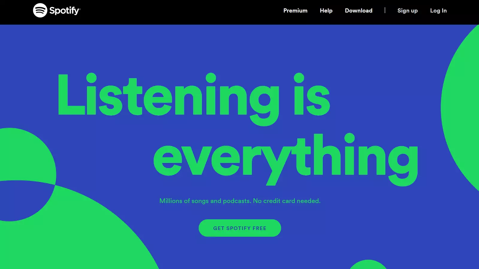 Spletno mesto Spotify z zelenim in modrim besedilom ter dizajnom napisom