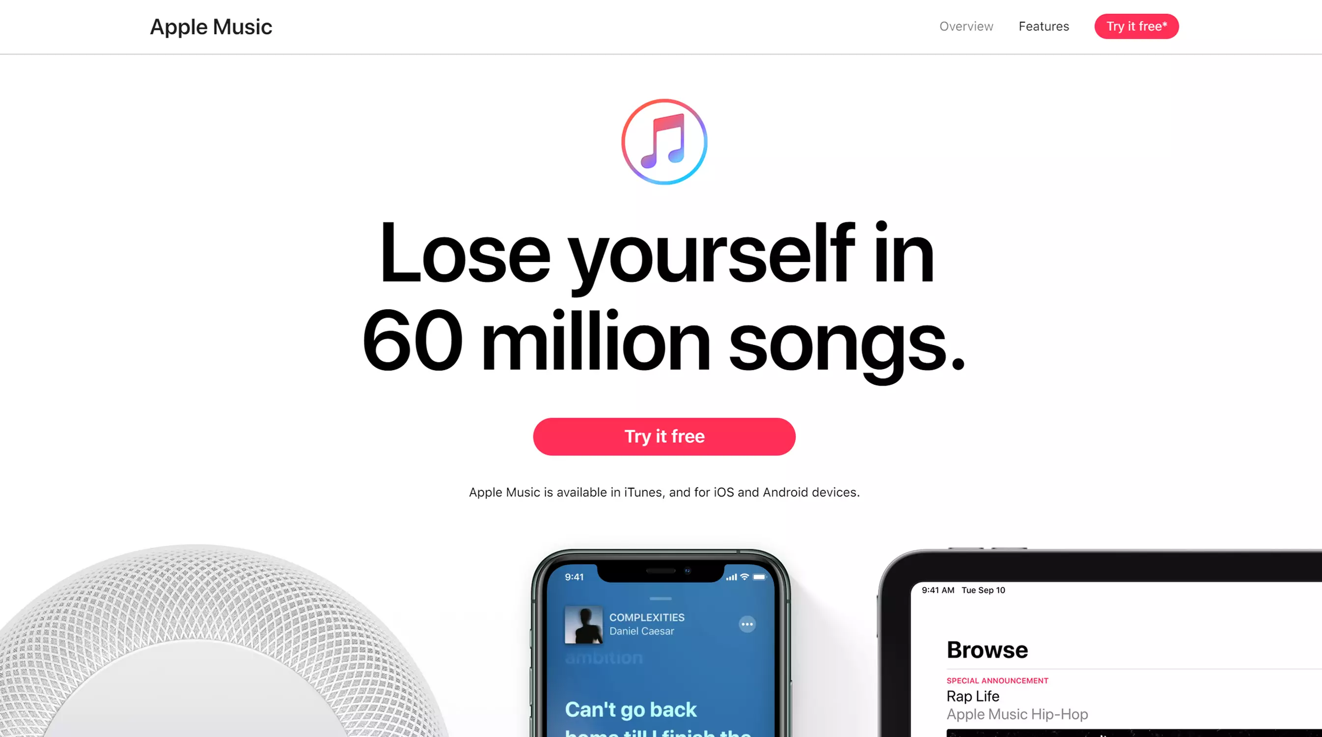 Sitio web de Apple Music con dispositivos para escuchar música y enviar mensajes de texto