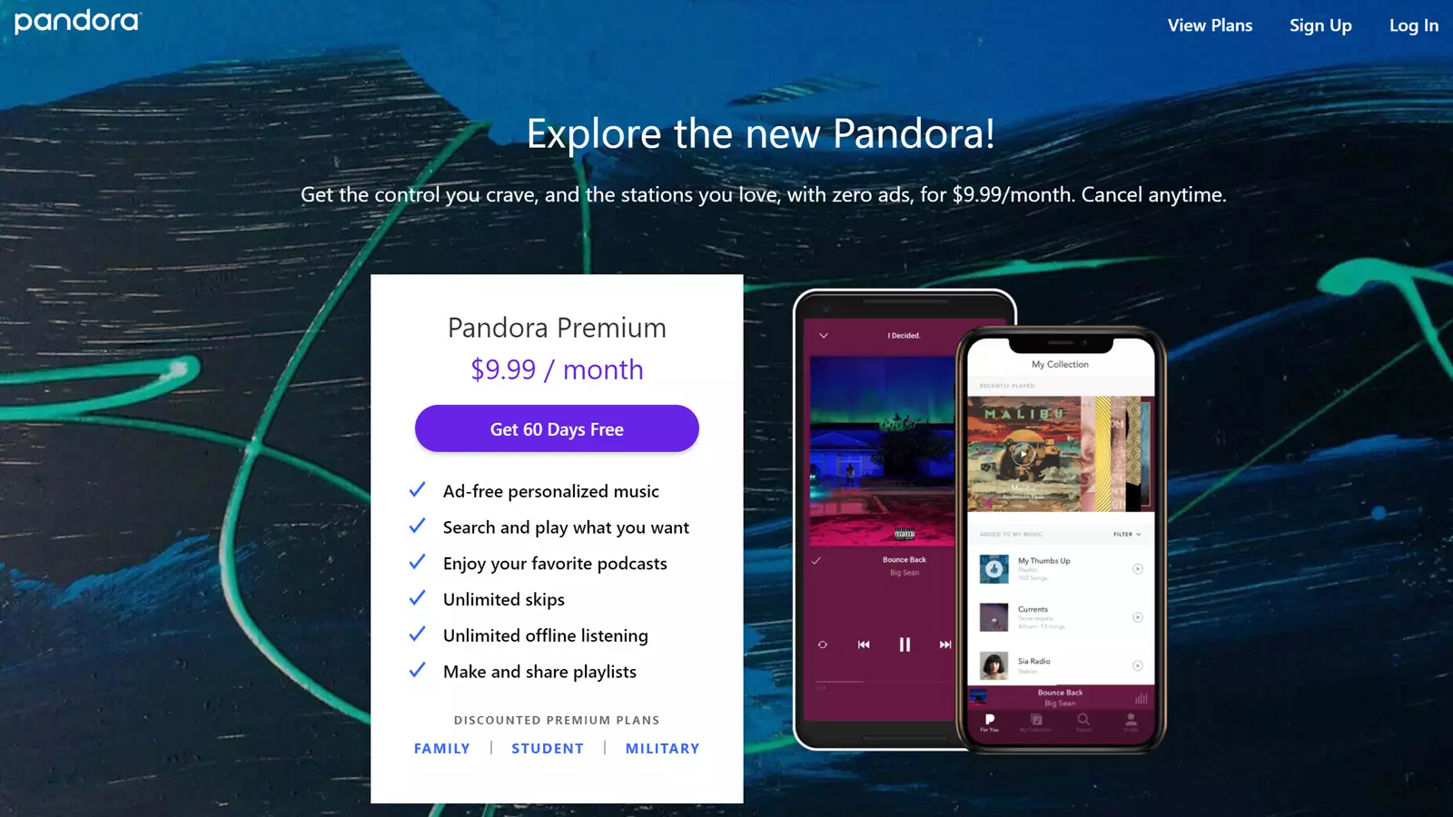 Pandora Premium signup page na may mga feature at larawan ng app
