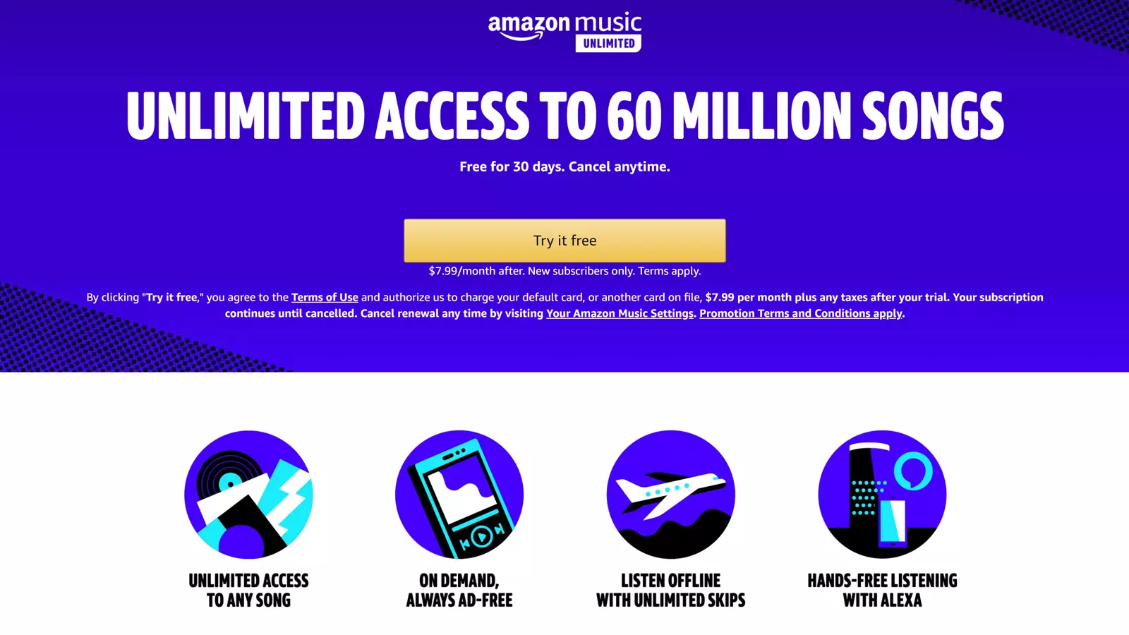Amazon Music Unlimited ویب سائٹ چار خصوصیات دکھا رہی ہے۔