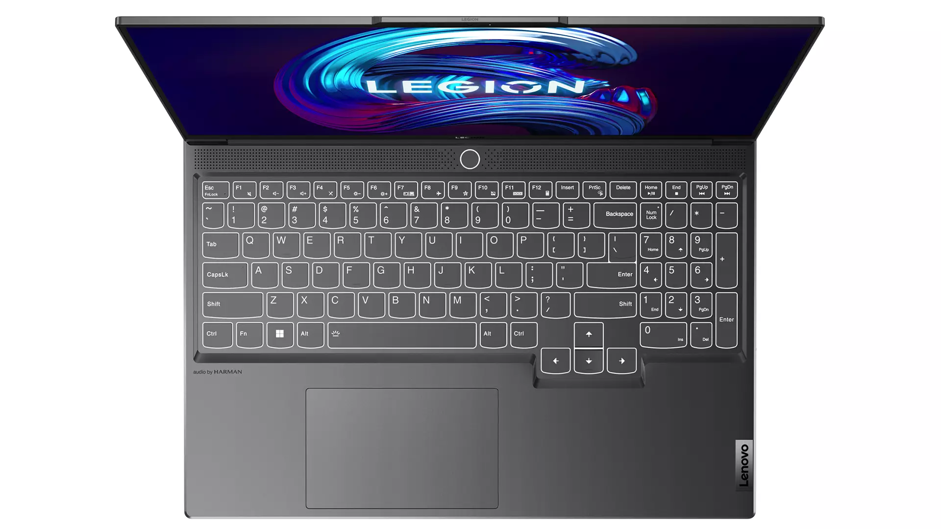 Lenovo Legion 7 ગેમિંગ લેપટોપનું ડિસ્પ્લે અને કીબોર્ડ.