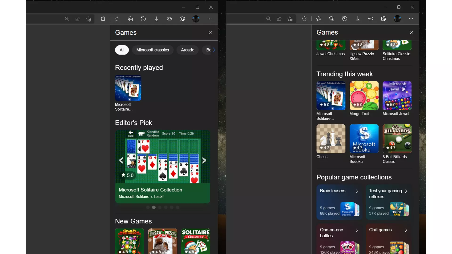 Microsoft Edge'i uus mängude paneel, mis sisaldab Solitaire'i ja piljardit.